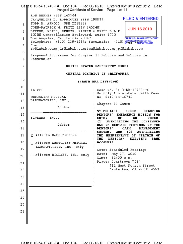 Filed & Entered: Clerk U.S. Bankruptcy Court Central District of ...
