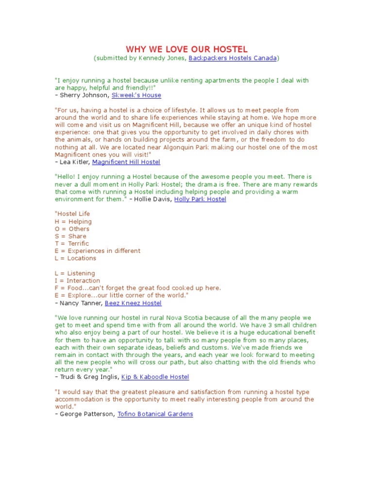 Why We Love Our Hostel | PDF | Hostel | Hotel And Accommodation