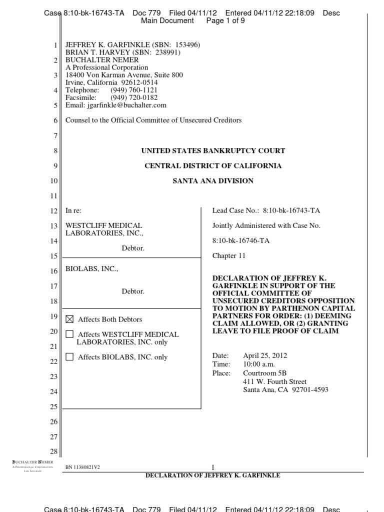 Declaration of Jeffrey K. Garfinkle: Uchalter Emer | PDF | Bankruptcy ...