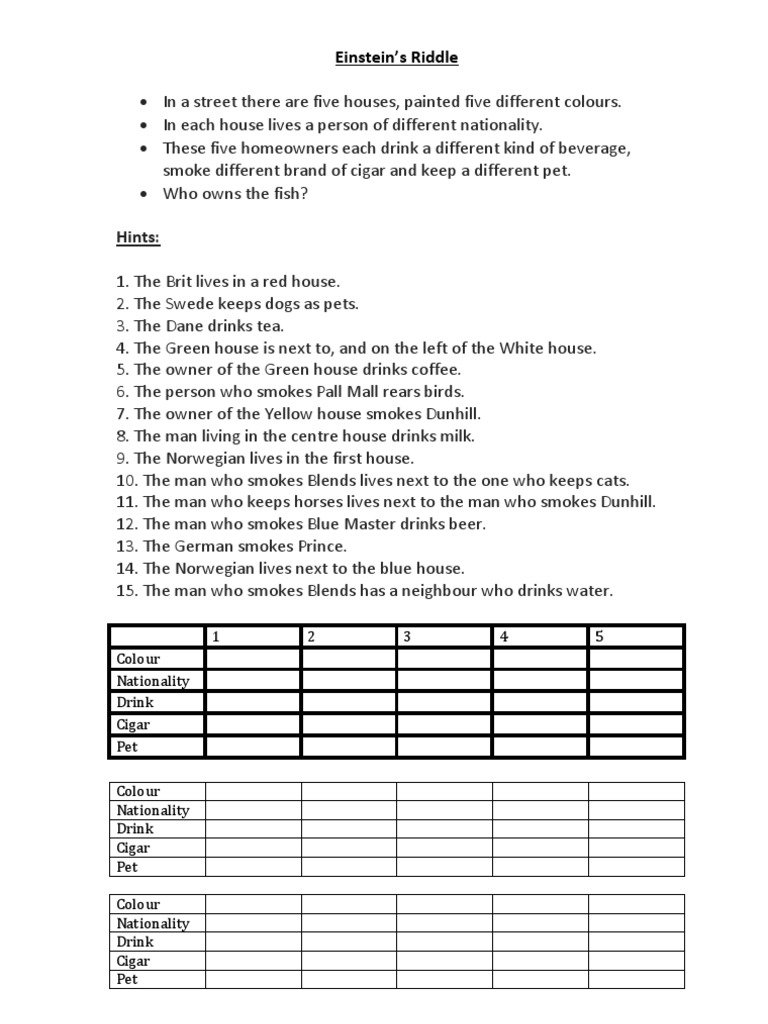 Hints:: Einstein's Riddle | PDF | Home & Garden