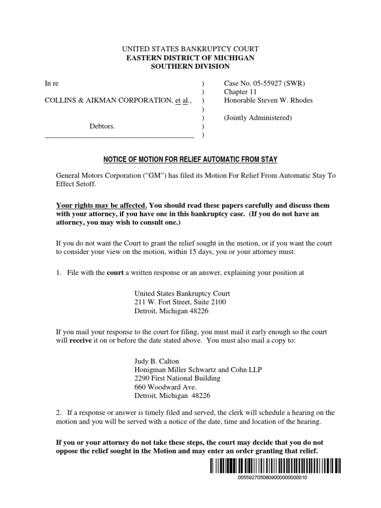 Notice of Motion For Relief Automatic From Stay | PDF