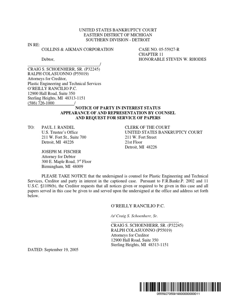 Notice of Party in Interest Status Appearance of and Representation by ...