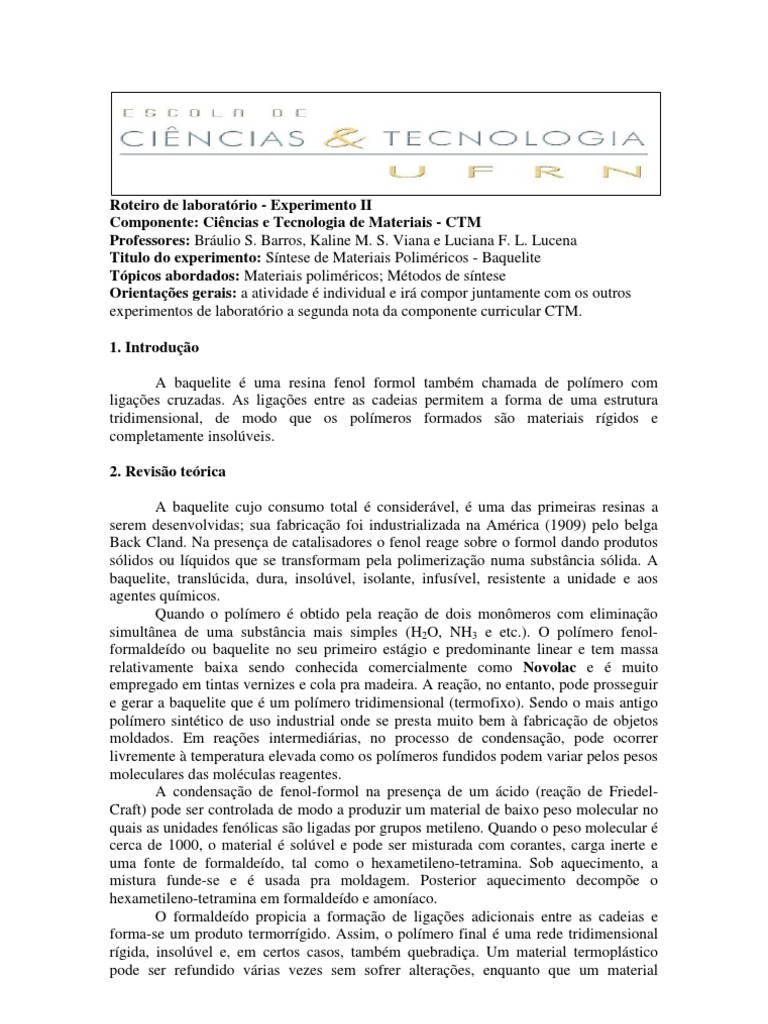ROTEIRO - Sintese de Baquelite | PDF | Polímeros | Formaldeído