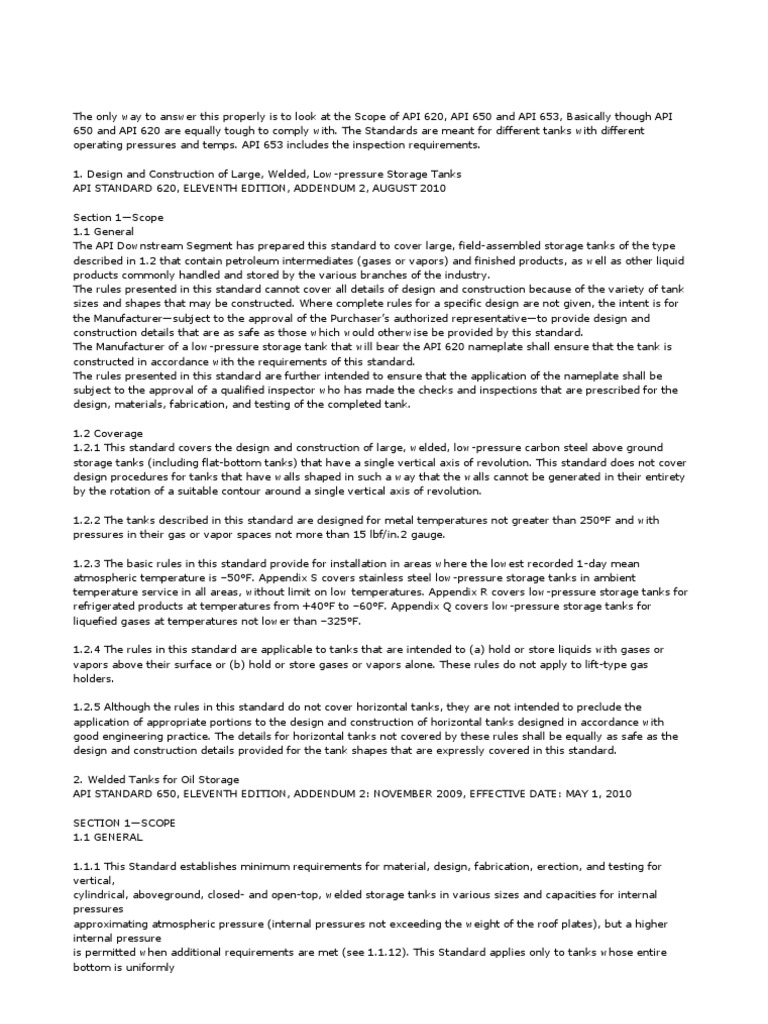 Scope of API 650 API 620 & API 653 | PDF | Pressure | Nature