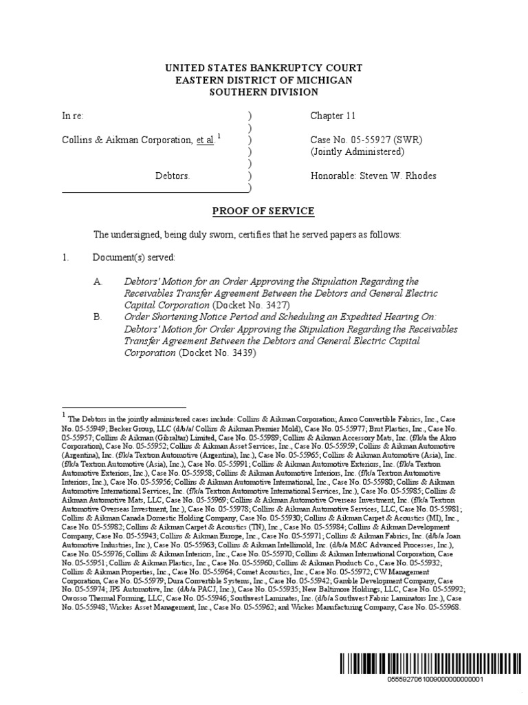 In Re:) Chapter 11) Collins & Aikman Corporation, Et Al.) Case No. 05-55927 (SWR) ) (Jointly ...