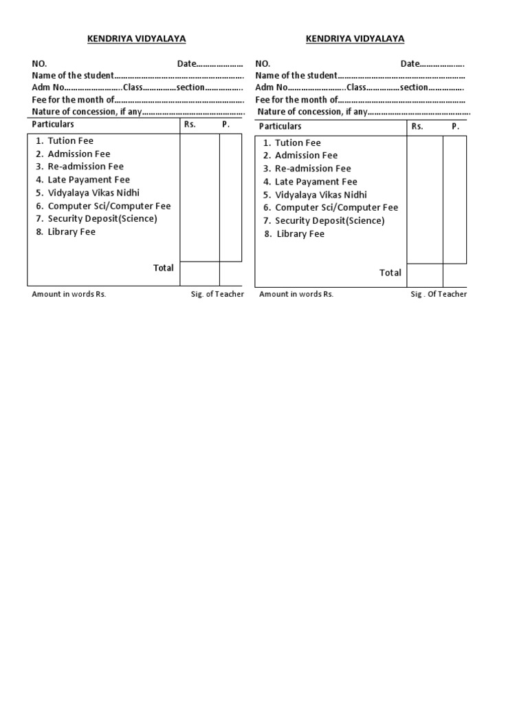 Kendriya Vidyalaya Admission Fees Receipt | PDF