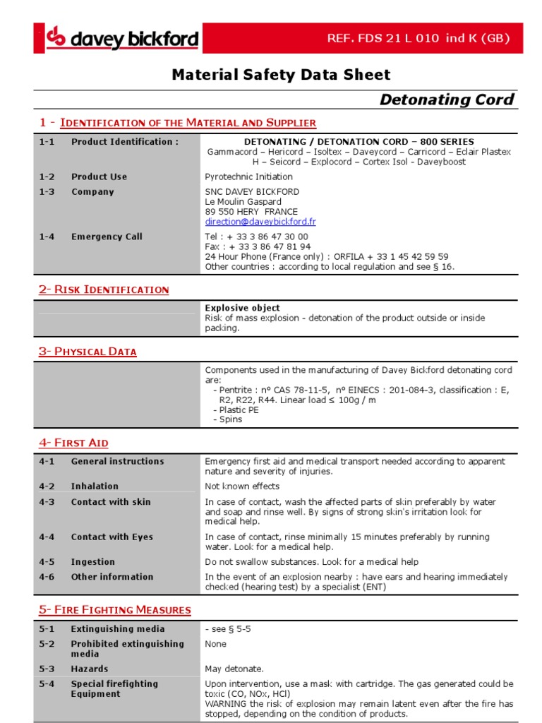 Davey Cord - MSDS | PDF | Explosive Material | Toxicity