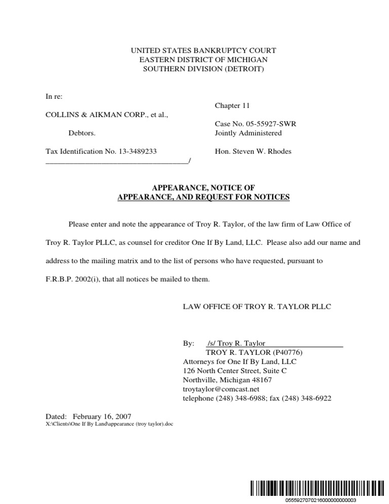 Appearance, Notice of Appearance, and Request For Notices: X:/Clients ...