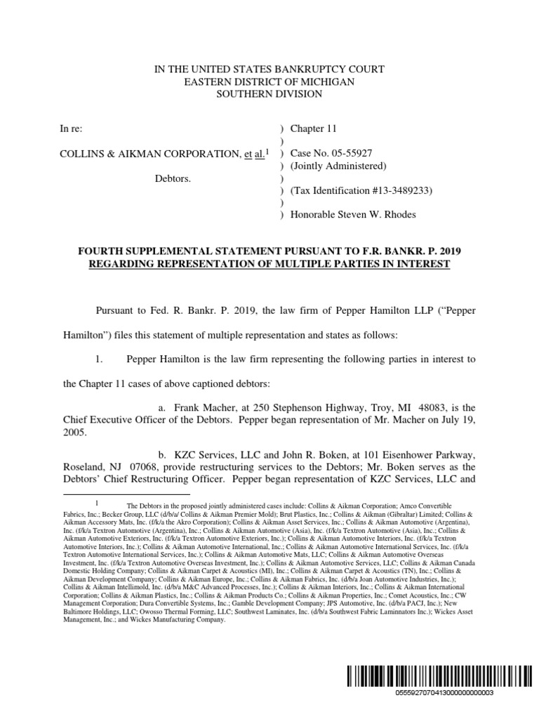 Fourth Supplemental Statement Pursuant To F.R. Bankr. P. 2019 Regarding ...