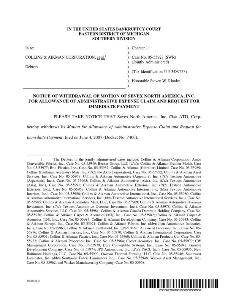 Notice of Withdrawal of Motion of Sevex North America, Inc. For ...