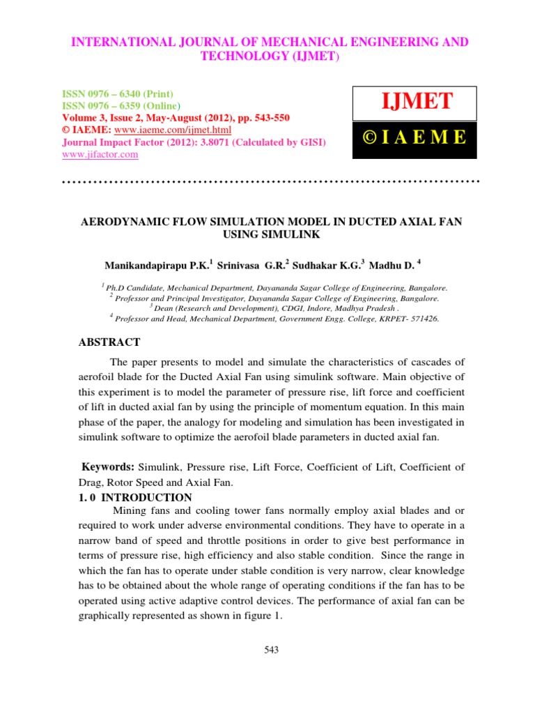Aerodynamic Flow Simulation Model in Ducted Axial Fan Using Simulink | PDF