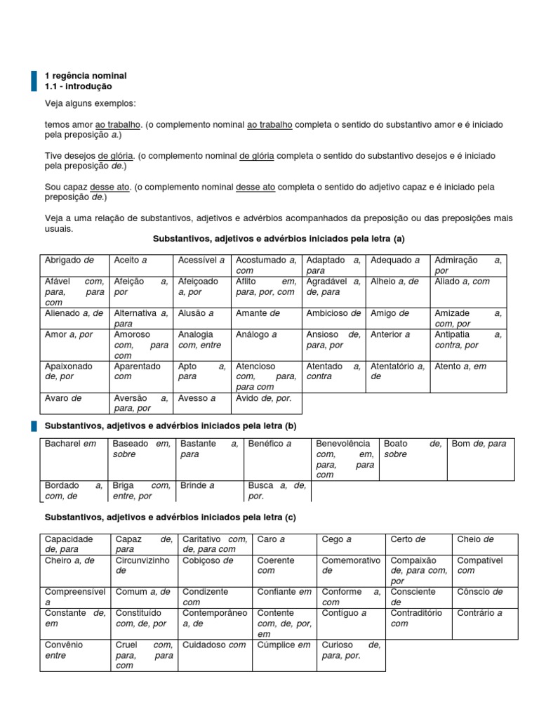 1 regência nominal tabela de a à v | Unidades Semânticas | Vocabulário