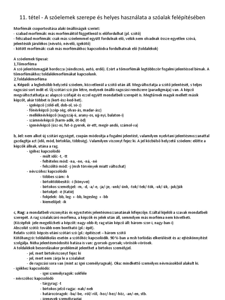 Tétel - A Szóelemek Szerepe És Helyes Használata A Szóalak Felépítésében | PDF