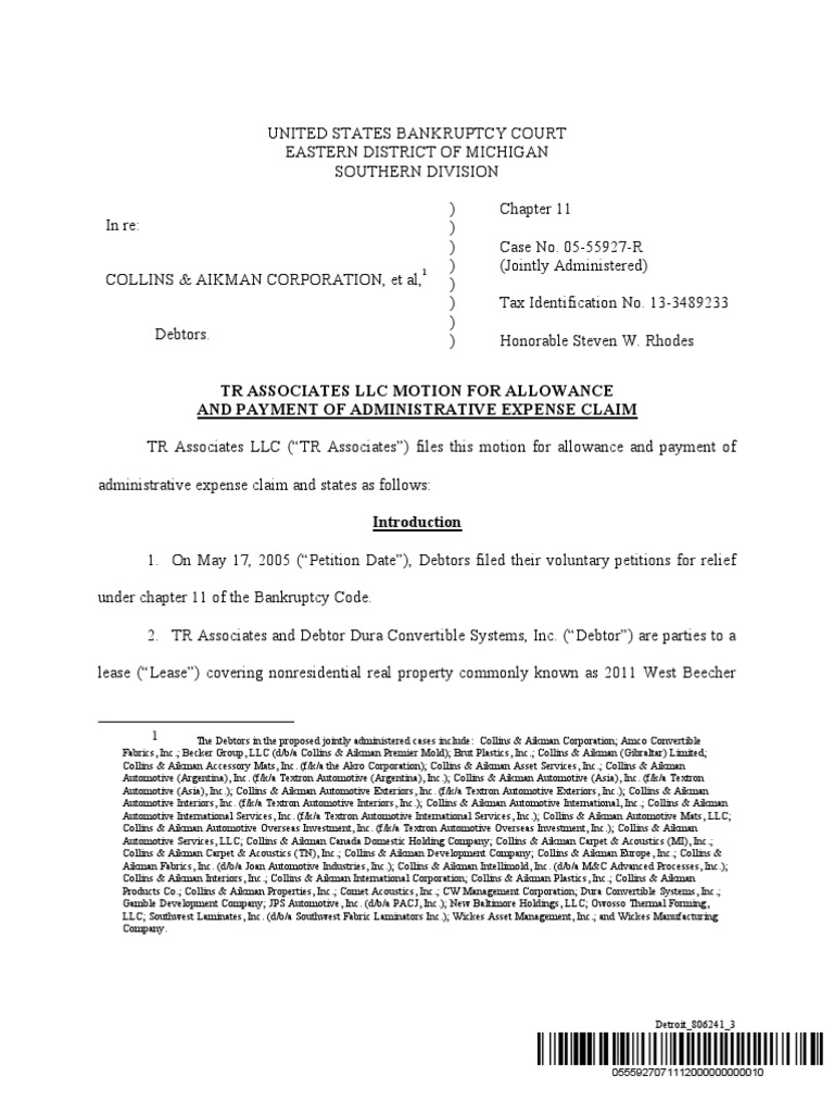 TR Associates LLC Motion For Allowance and Payment of Administrative ...