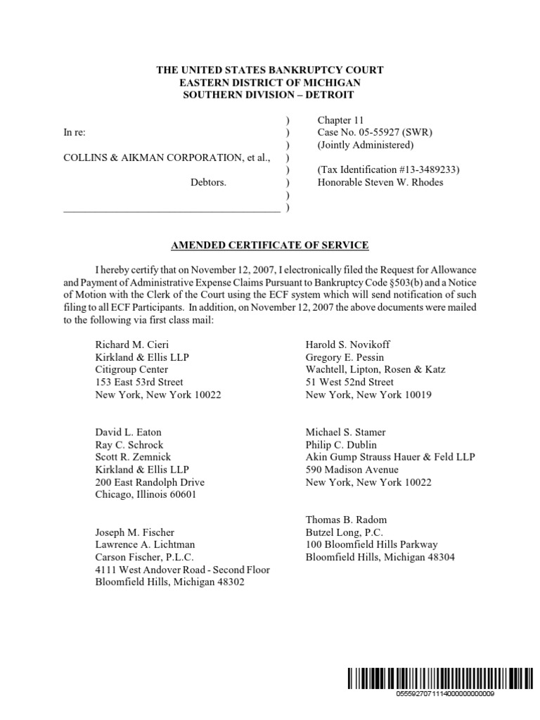 Amended Certificate of Service for Bankruptcy | PDF