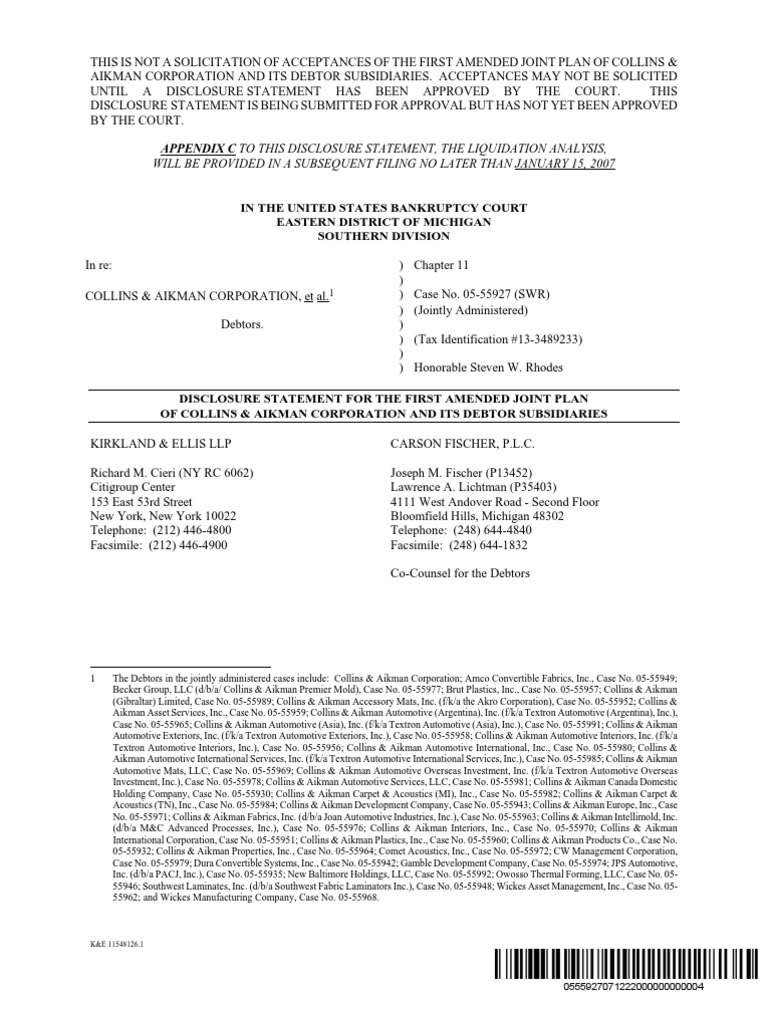 To This Disclosure Statement, The Liquidation Analysis, Will Be ...