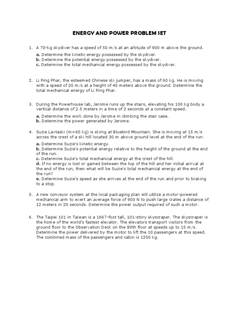 Energy and Power Problem Set | PDF