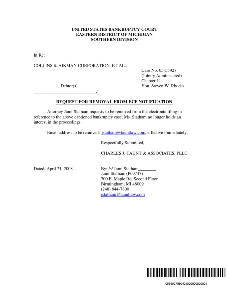 Bankruptcy Case ECF Removal Request | PDF