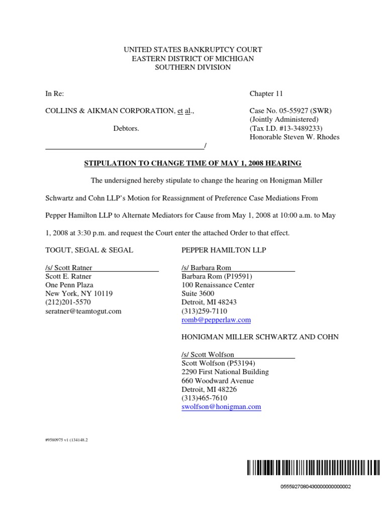 Stipulation To Change Time of May 1, 2008 Hearing | PDF | Law