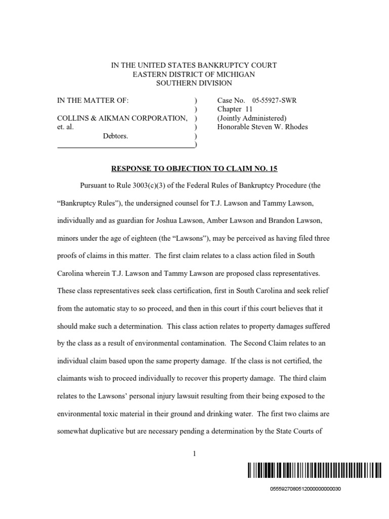 Response To Objection To Claim No. 15 | PDF | Class Action | Bankruptcy