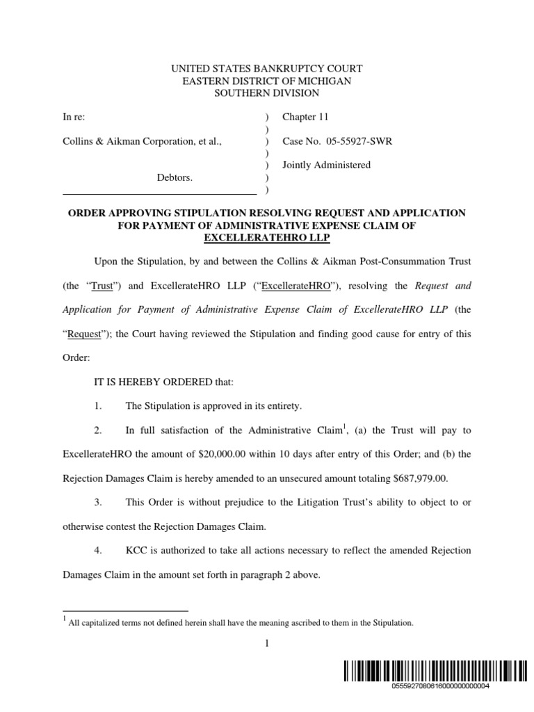 Order Approving Stipulation Resolving Request and Application For ...