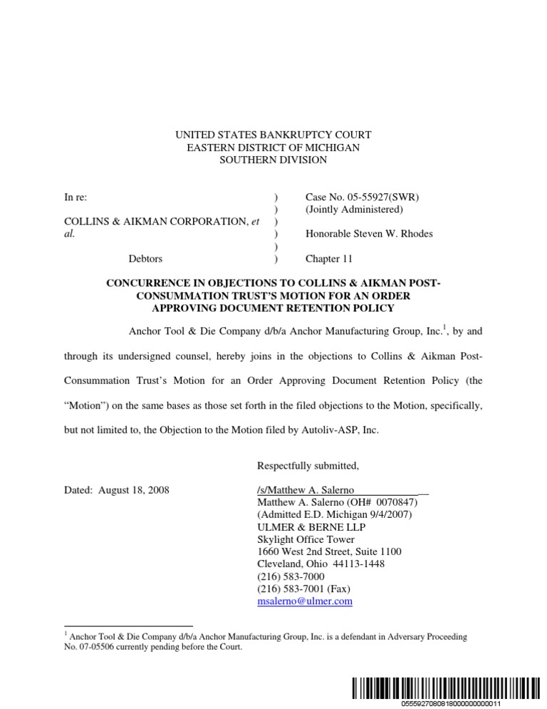 Concurrence in Objections To Collins & Aikman Post-Consummation Trust'S ...
