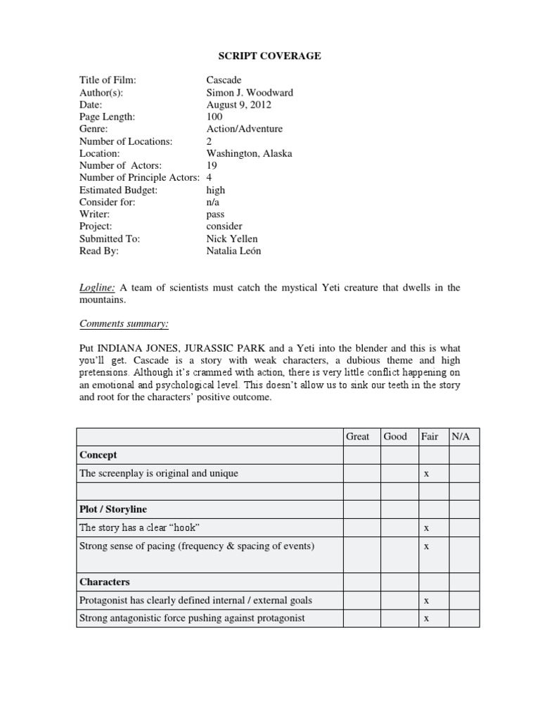 Script Coverage Sample | PDF | Plot (Narrative) | Screenplay