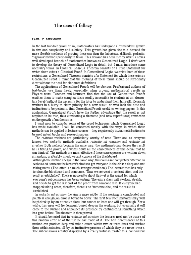 The Uses of Fallacy by Paul V Dunmore | PDF | Mathematical Proof | Theorem