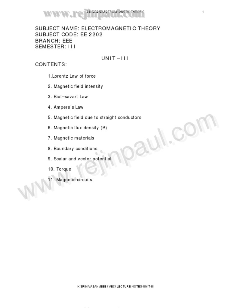 Subject Name: Electromagnetic Theory Subject Code: Ee 2202 Branch: Eee Semester: Iii Unit - Iii ...