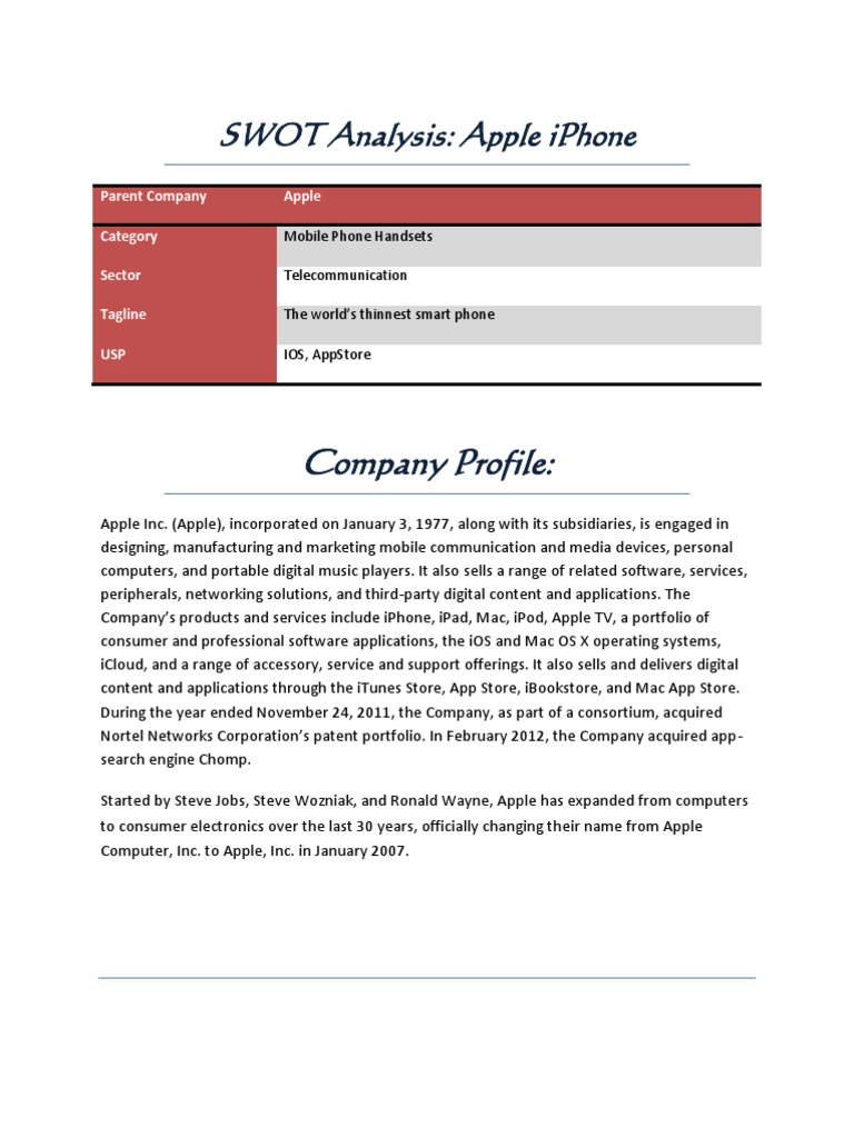 Swot Analysis: Apple Iphone: Company Profile | PDF | Apple Inc. | App ...