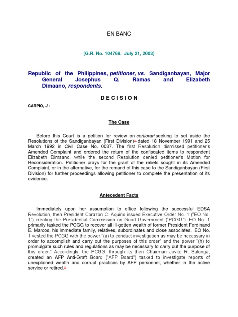 Republic of The Philippines, Petitioner, vs. Sandiganbayan, Major ...