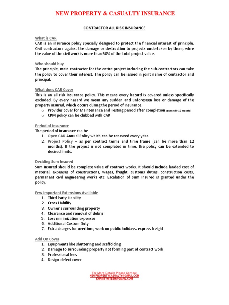 Contractor All Risk Insurance | Financial Institutions And Services ...