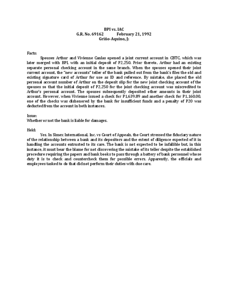 BPI Joint Account Liability Case | PDF | Finance & Money Management | Law