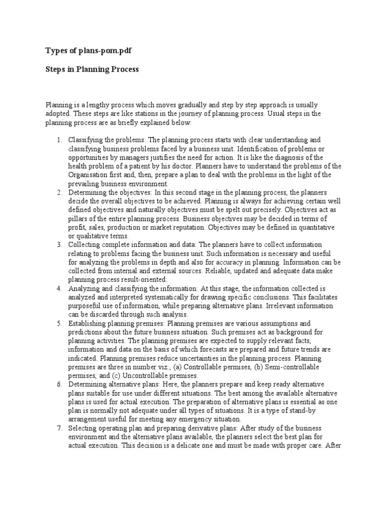 Types of Plans-Pom - PDF Steps in Planning Process | PDF | Goal | Goal ...