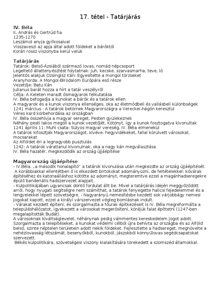 Tétel - Tatárjárás | PDF