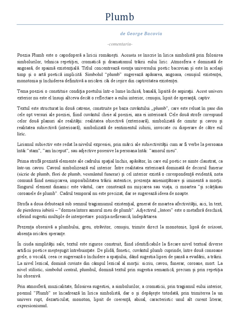 Plumb de George Bacovia - Comentariu Literar | PDF