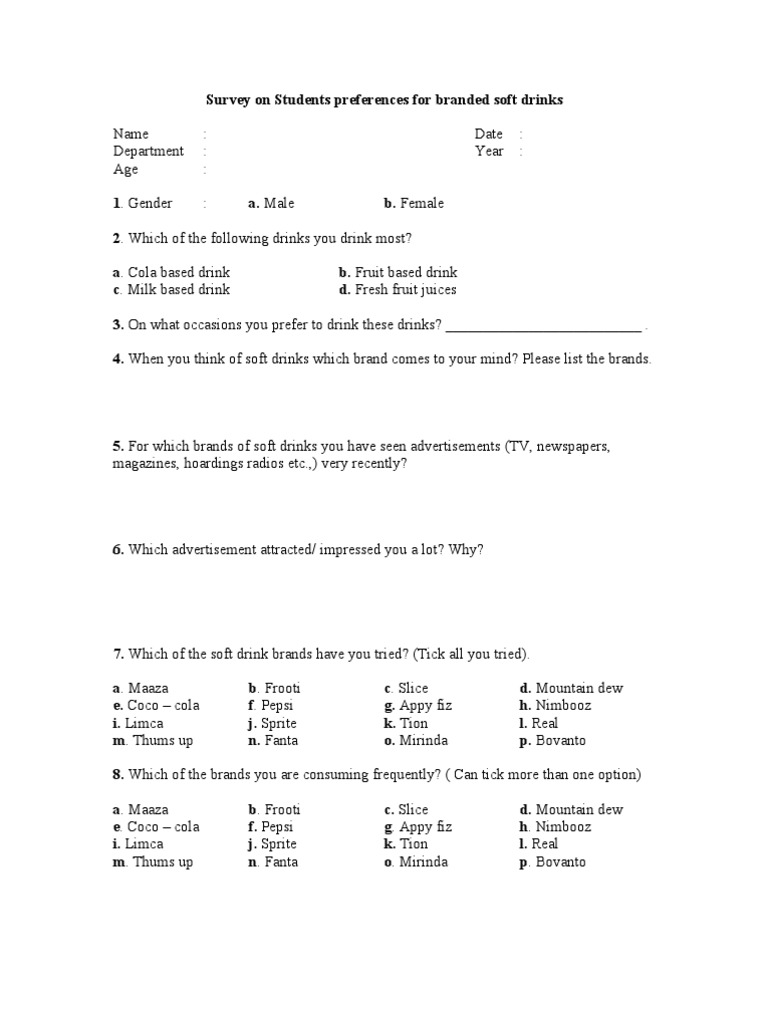 Survey On Students Preferences For Branded Soft Drinks | PDF | Drink ...