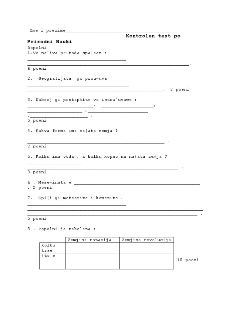Test Prirodni Nauki