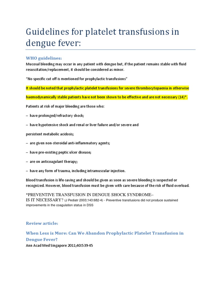 Guidelines for Platelet Transfusions in Dengue Fever | Bleeding | Blood ...