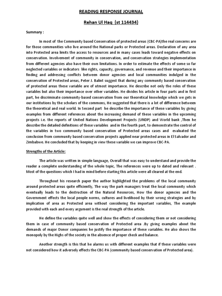 Reading Response Journal | PDF | Protected Area | Definition