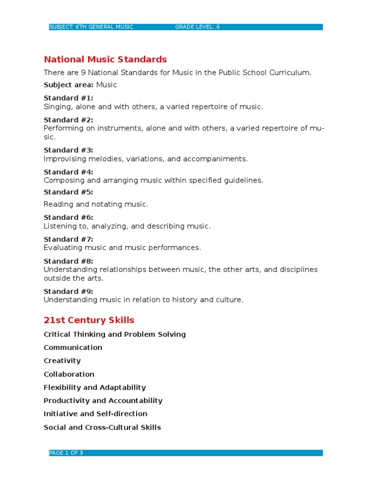 National Music Standards: Subject: 6Th General Music Grade Level: 6 ...