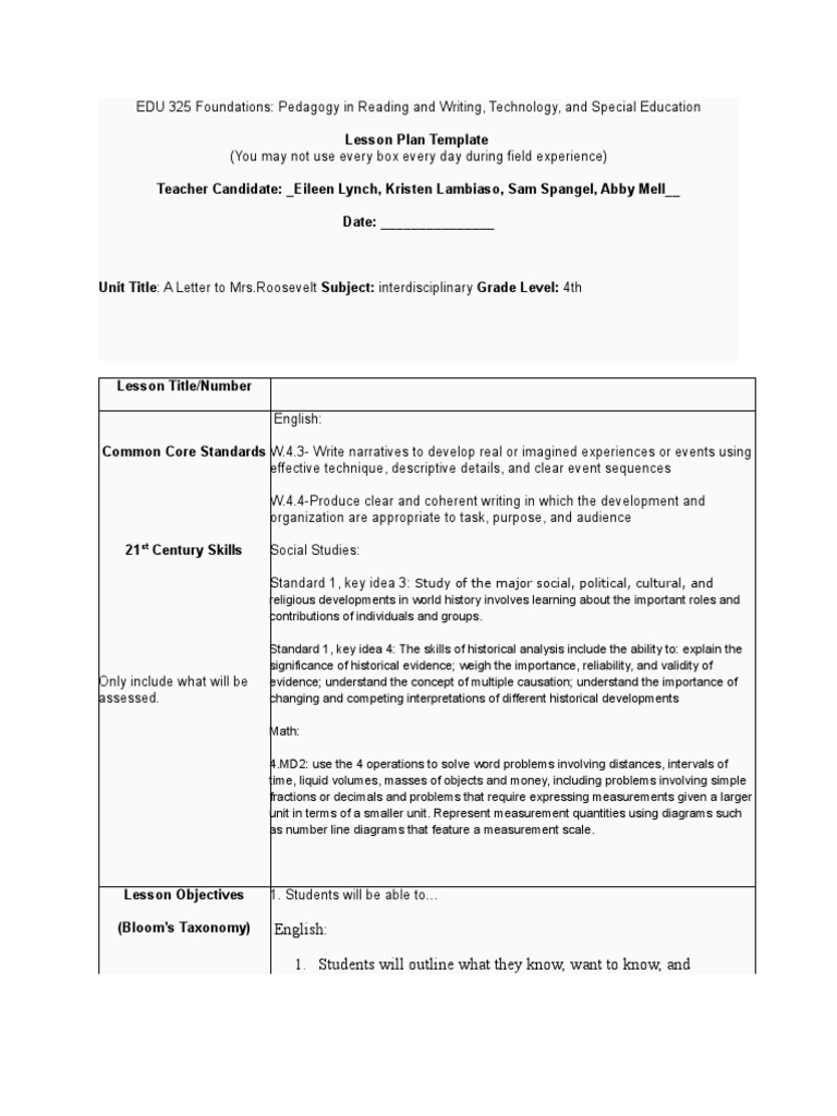 Lesson Plan - A Letter To Mrs - Roosevelt | PDF | Pedagogy ...