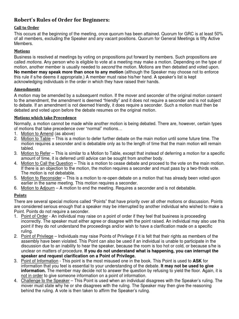 Roberts Rules Cheat Sheet | PDF | Parliamentary Procedure | Political Law