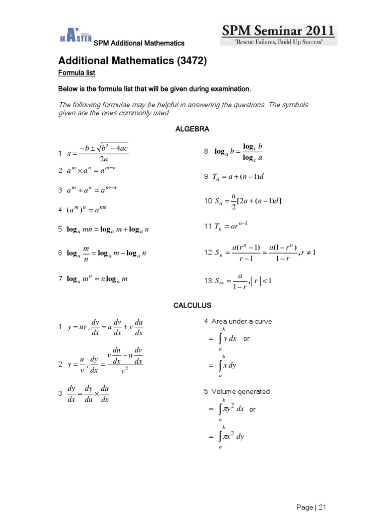 SPM Additional Mathematics Formula List | PDF | Triangle Geometry ...