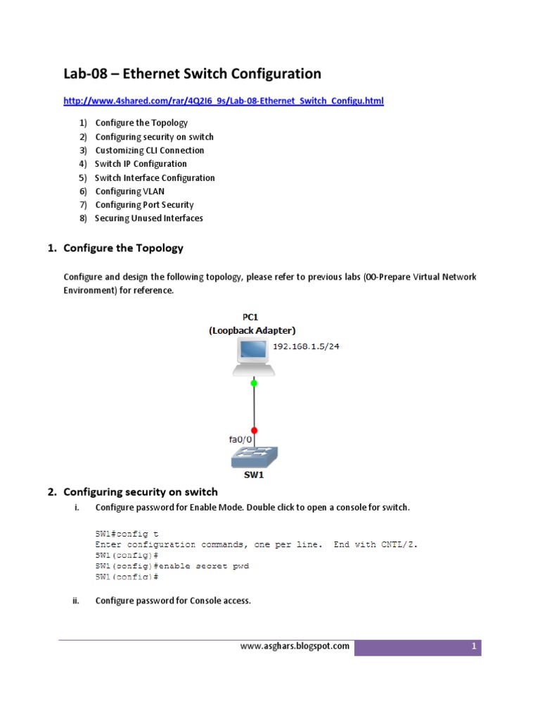 Ethernet Switch Configuration Lab Guide | PDF | Network Switch | Ip Address