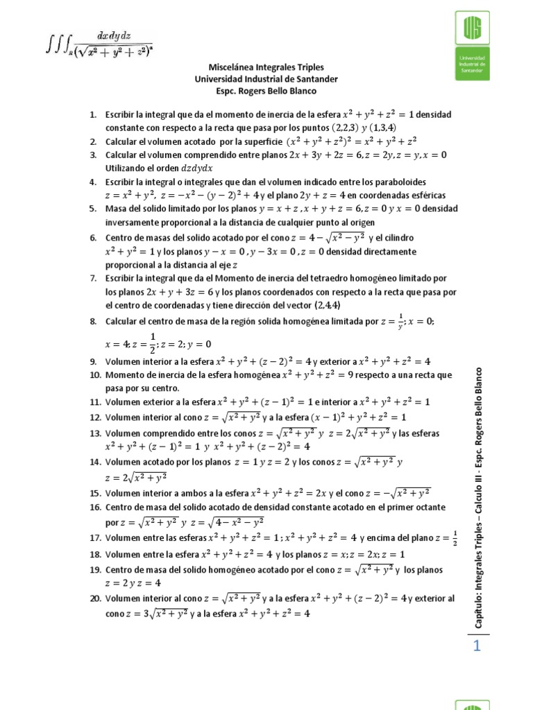 Ejercicios 4to Corte - Miscelanea Integrales Triples | PDF | Integral | Esfera