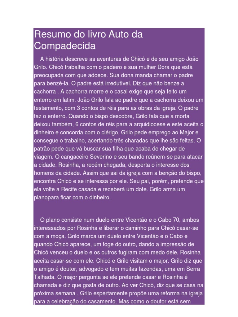 Resumo Do Livro Auto Da Compadecida | Padre | Jesus