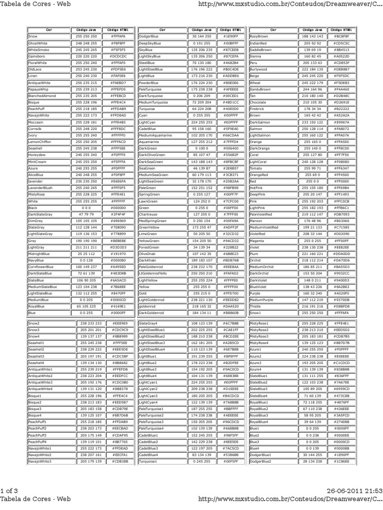 Tabela Cores Hexa | PDF | Jogos de tabuleiro tradicionais | Aberturas ...