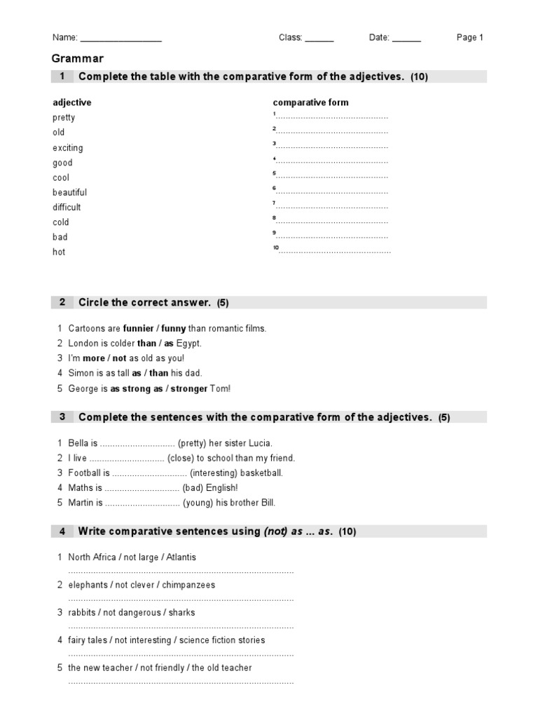 Grammar: Complete The Table With The Comparative Form of The Adjectives ...