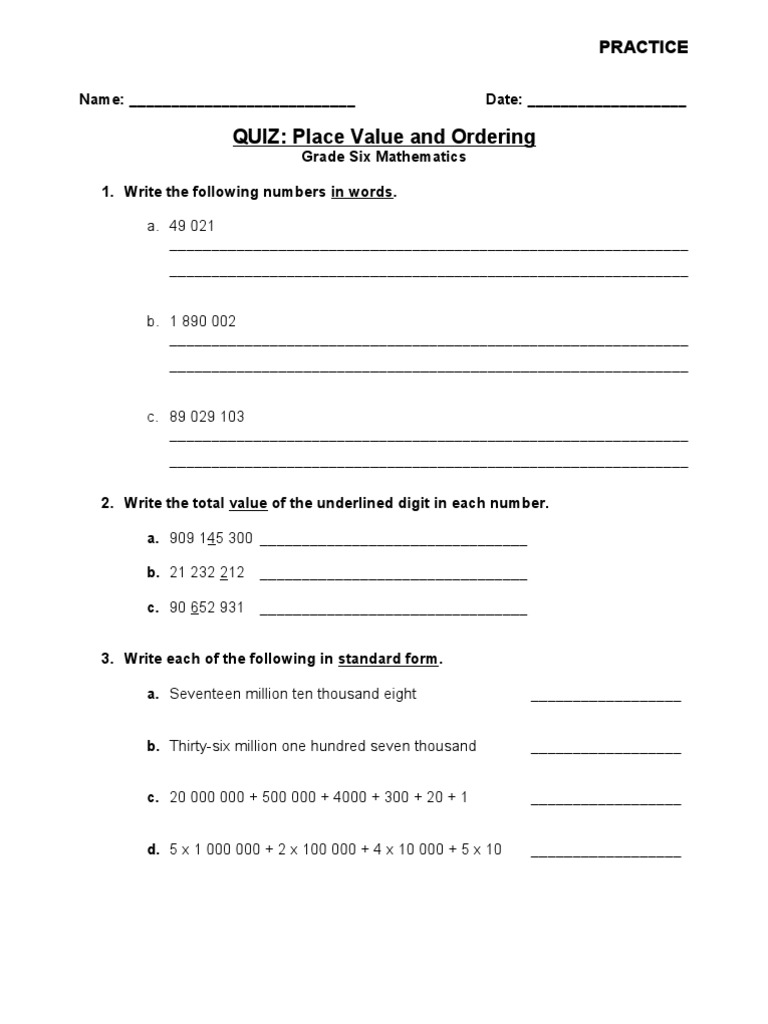 Grade 6 Place Value Quiz | PDF | Finance & Money Management